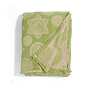 InfuseZen Turkish Blanket with Floral Medallion Print – Muslin Weave Reversible Throw Blanket – 100% Cotton - Breathable, Thin and Lightweight Gauze Throw Blanket – Large 92” x 65” (Olive/Beige)