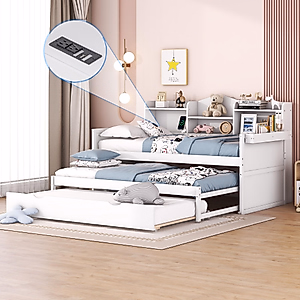 Merax Wooden Storage Shelf, Twin XL Daybed with 2 Trundle, White