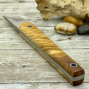 Kiridashi Knife, Japanese Wood Carving Knife 1/8 inch N690 Steel Blade Walnut or Olive Wood Handle with Leather Sheath (Olive Handle)