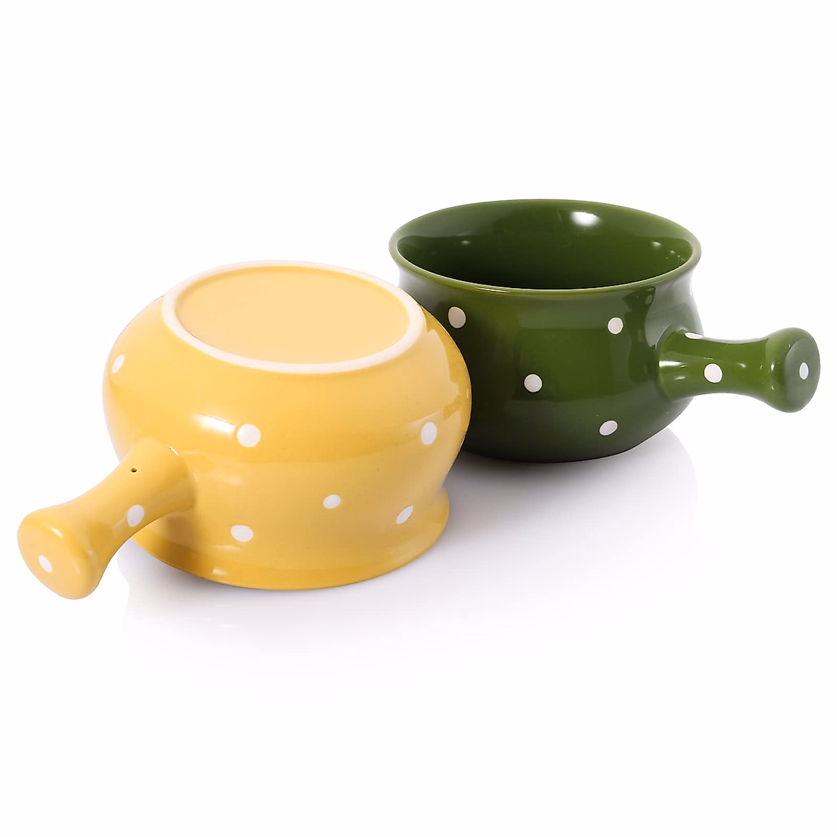 AVLA 4 Pack French Onion Soup Bowls with Handle, 20 Ounce Porcelain Soup Crock, Stackable Serving Bowl Bakeware for Soup, Beef Stew, Cereal, Chill, Microwave and Oven Safe, Polka Dot