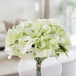 Pure Garden Hydrangea Floral Arrangement in Vase - 5-Count Artificial Flowers with Leaves in Faux Water-Filled Decorative Clear Glass Bowl (Green)