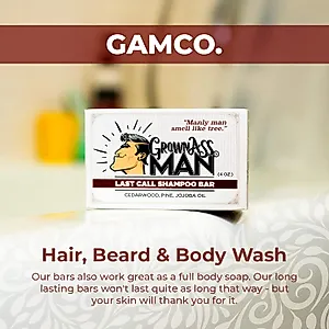 Grown Ass Man Co. - Solid Shampoo Bar Rich Lather 3 in 1: Hair, Beard & Body Wash - Plastic Free & Eco-Friendly, Natural & Organic Clean for All Hair Types, 4oz Bar (Last Call, Single)