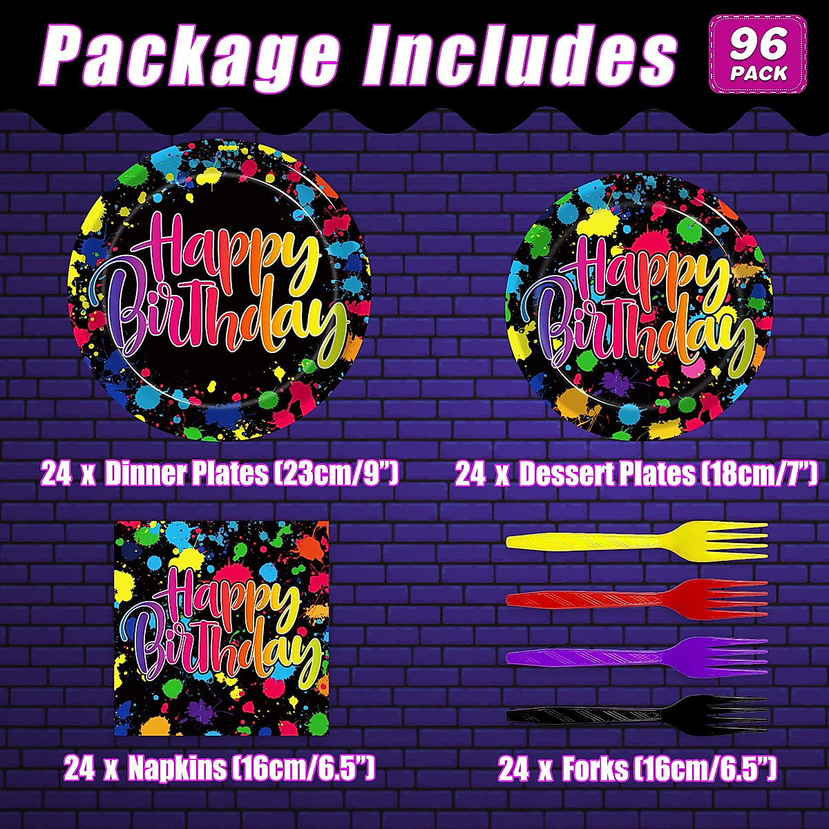 Kepeel 96 Pcs Neon Party Plates, Glow Birthday Party Supplies Disposable Paper Plates Dessert Napkins Glow in the Dark Favors Decorations Graffiti Tableware For Kids, Serves 24