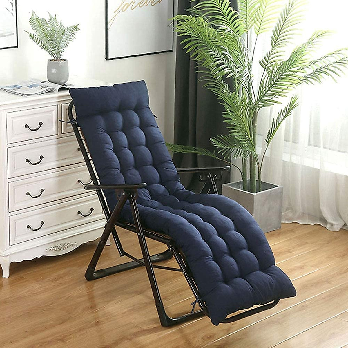 CLLC Sun Lounger Chair Cushions, Sundlight Patio Cushions Chaise Outdoor Mattress Recliner Quilted Thick Padded Seat Cushion Reclining Chair Rocking with Ties (Navy Blue, 155x48x8cm/61x18.89x3.14in)