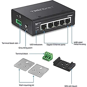 TRENDnet 5-Port Hardened Industrial Gigabit DIN-Rail Switch, 10 Gbps Switching Capacity, IP30 Rated Network Switch (-40 to 167 ºF), DIN-Rail and Wall Mounts Included, Lifetime Protection,Black,TI-G50