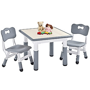 FUNLIO Kids Table and 2 Chairs Set, Height Adjustable Toddler Table and Chair Set for Ages 3-8, Easy to Wipe Arts & Crafts Table, for Classrooms/Daycares/Homes, CPC & CE Approved (3pcs Set) - Gray