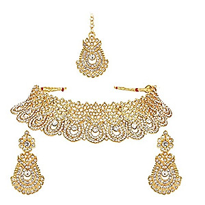 Efulgenz Crystal Rhinestone Choker Necklace Earrings Maang Tikka Head Chain Wedding Indian Jewelry Set for Women gold