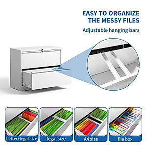 Yukimo Lateral File Cabinet with Lock, Metal File Cabinets for Home Office Legal/Letter A4 Size, File Cabinet with 2 Drawer Storage Cabinet, White