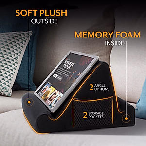 Brookstone - Memory Foam Lap Desk Tablet Holder, Holds Phones, iPads, E-Book Readers, 2 Viewing Angles, 2 Side Pockets for Accessories, Book Holder Cushion, Perfect for Home, Car Travel & Flights