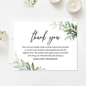 Hello Love Goods Personalized Greenery Funeral Thank You Cards with Envelopes, 5.5x4.25 Flat Sympathy Memorial Cards
