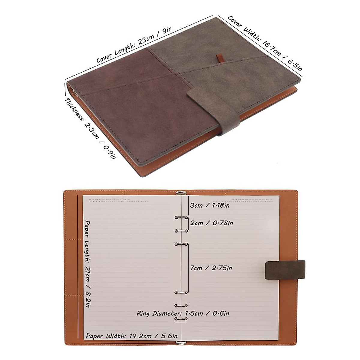 HXRTANGS A5 Loose-Leaf Notebook, Refillable 6-Ring Binder Journal Organizer with 80 Sheets Lined Paper + Planner Stickers + Subject Dividers + Index Tabs + Zip Bag + Stencil + Bookmark Ruler, Brown