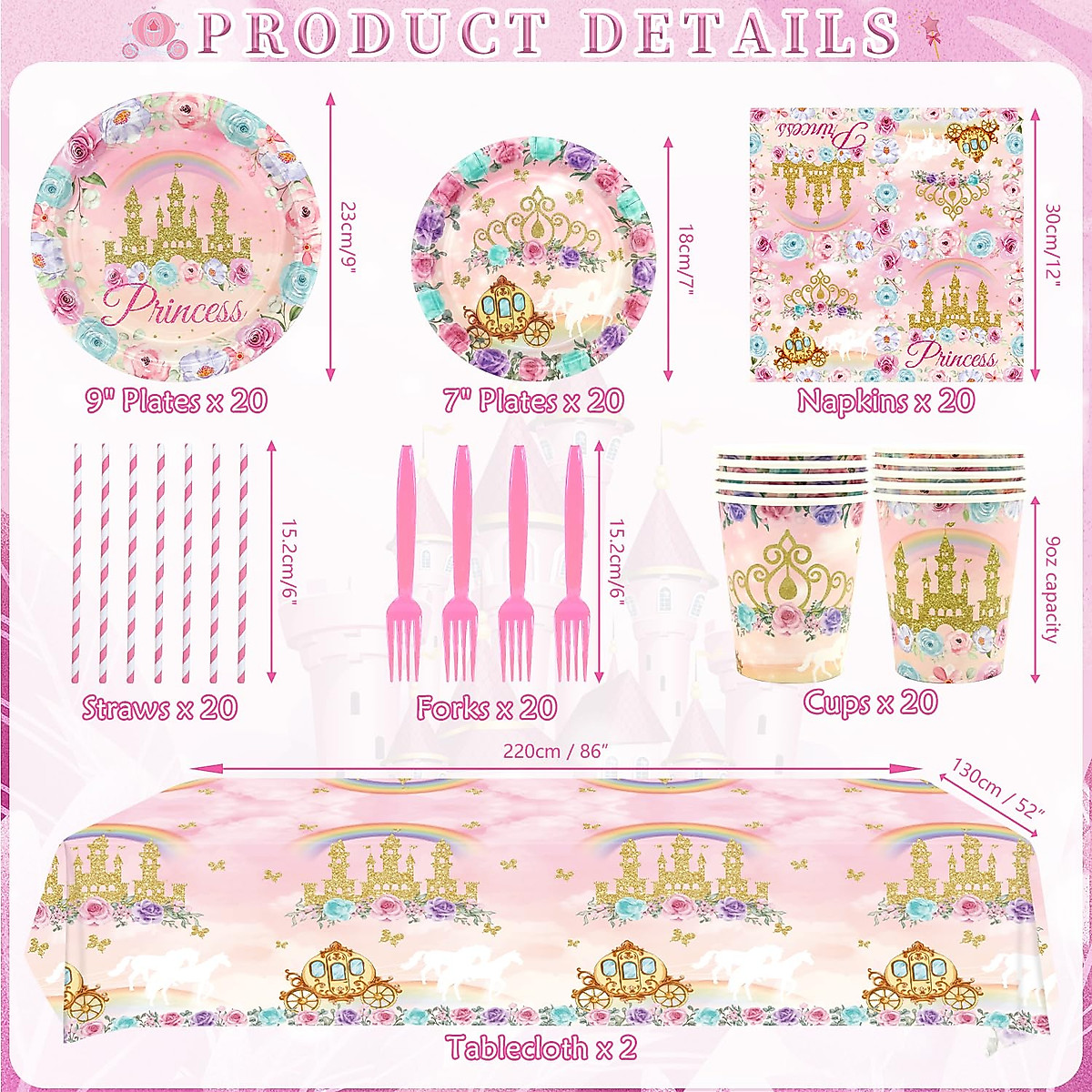 Princess Birthday Party Decorations Serves 20 Guests, Including Dinner Plates, Dessert Plates, Cups, Napkins, Forks, Tablecloth, Straws, for Girls Princess Birthday Baby Shower Party Decorations