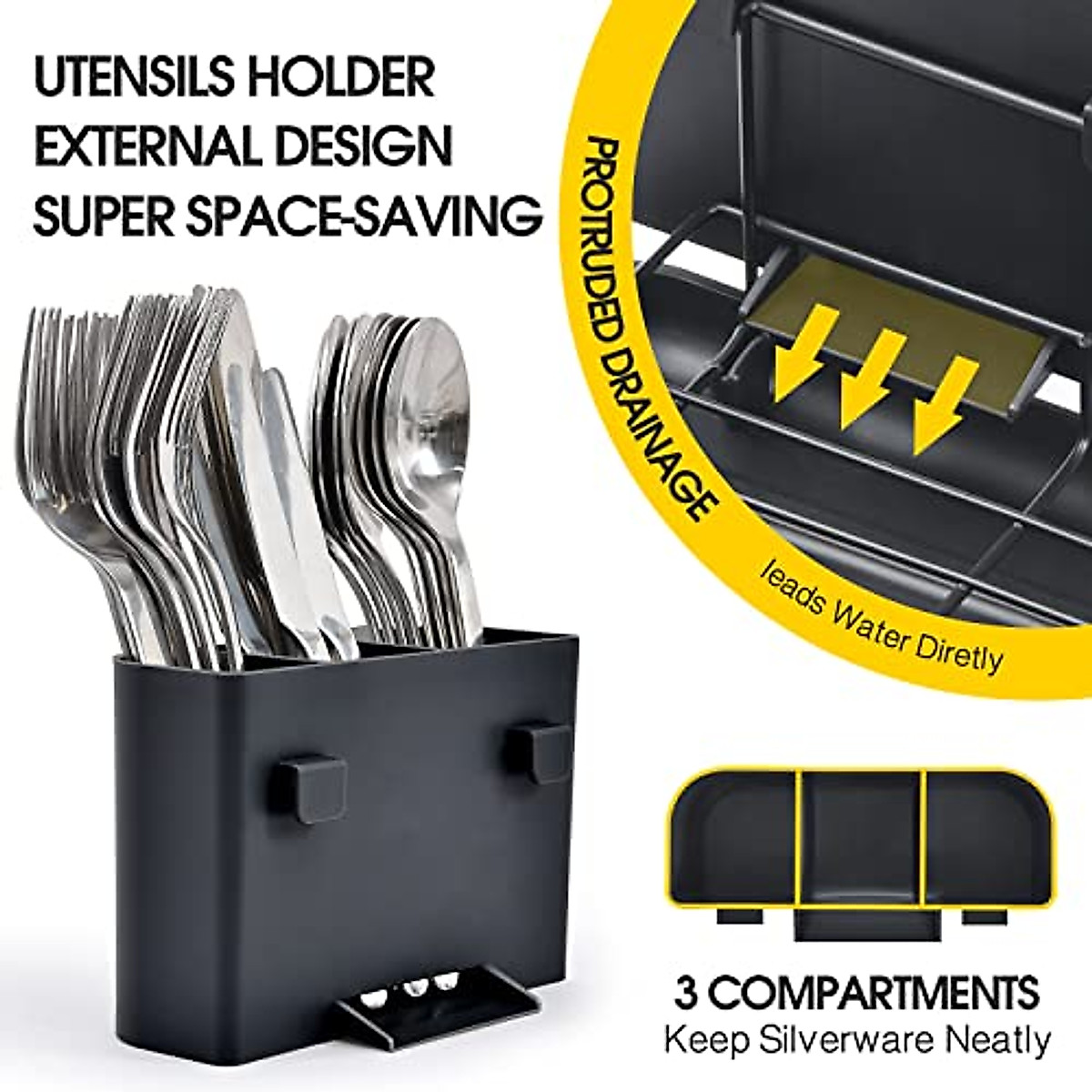 TOOLF Dish Drying Rack, Large Capacity Dish Rack, Dish Drainer with Cutlery Holder, Removable Drip Tray, Cup Holder, Compact Kitchen Drainers for Countertop, Black