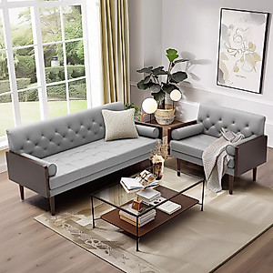 PATIOHIT Faux Leather Couch Modern 72" Sofa Couch with 2 Bolster Pillows Mid Century Modern Upholstered Loveseat Sofa Couch for Living Room Apartment Office (Grey)