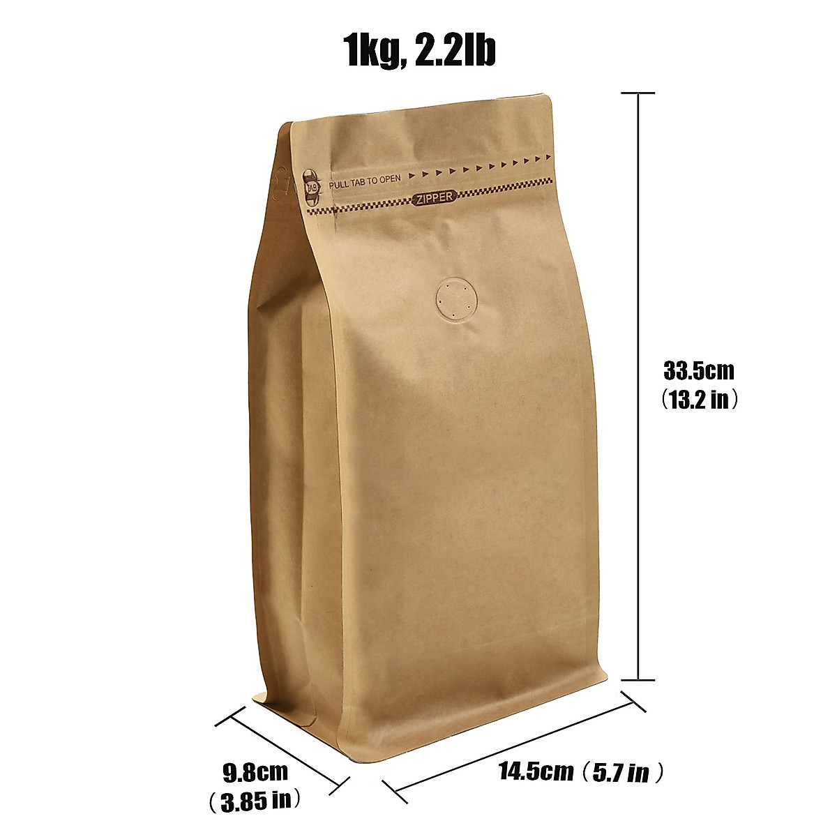50 Pieces 1 Kg Kraft Paper Stand Up Coffee Bag/Flat Bottom Pouch with Air Release Valve and Reusable Side Zipper. (50pcs, 2.2lb/32oz/1kg)
