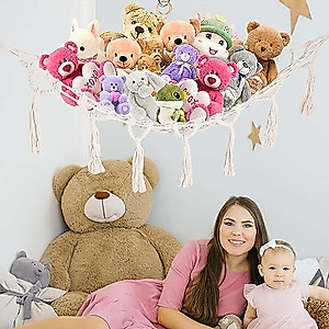 Newmemo Stuffed Animal Hammock Macrame Toy Hammock Stuffed Animal Net with Tassels Macrame Corner Plush Toys Net Holder Hanging Netting with Wooden Photo Clips for Boho Nursery Play Room Kids Bedroom