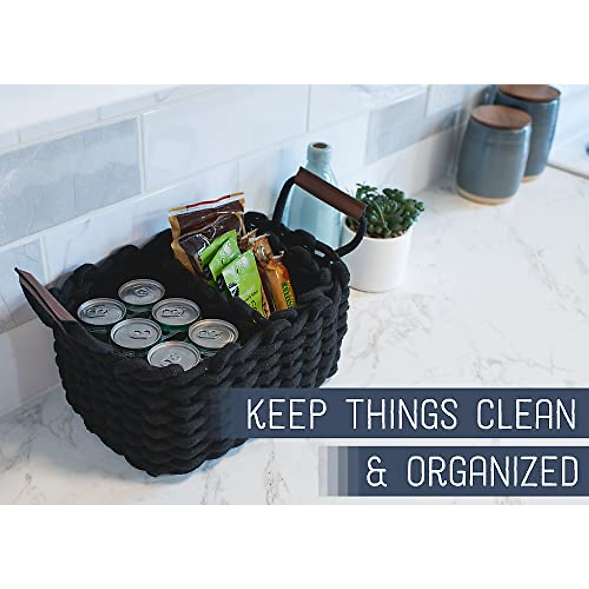 Nat & Jules Thick Woven 12 x 10 Polyester Knit Nesting Baskets Set of 3 - Organize Your Home Linen Closet, Storage Shelves, Bathroom Cabinets or Living Room in Style, Black
