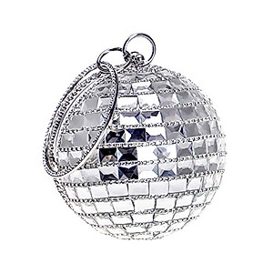 momo mo Women Wedding Clutch-Purse Round Evening-Bag Diamante Crossbody Bride Glitter Shoulder-Bag A Silver
