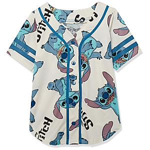 Disney Little Girls Lilo & Stitch and Angel Baseball Jersey-Classic Mesh Button Down Shirt, Ivory