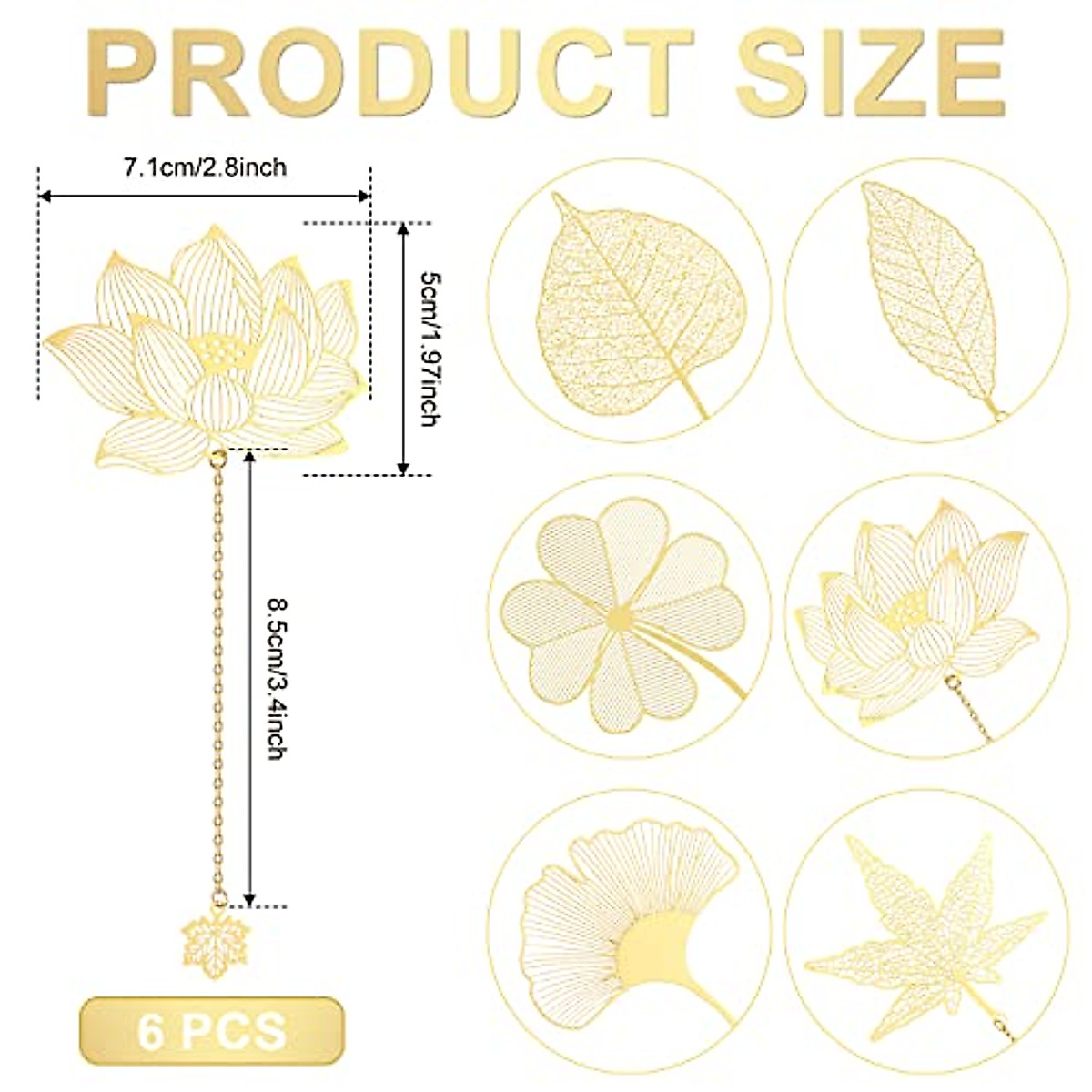 6pcs Metal Leaf Bookmarks, Hollow Metal Bookmarks with Chain or Pendant Bookmarks Metal for Book Lovers Men Women