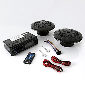 Pyle Marine Headunit Receiver Speaker Kit - In-Dash LCD Digital Stereo Built-in Bluetooth & Microphone w/AM FM Radio System 5.25’’ Waterproof Speakers (2) MP3/SD Readers & Remote Control - PLMRKT46BK