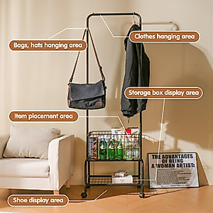 Rolling luandry basket with hanger for garments storage, easy moved with wheels have brake, Laundry basket, white and black，rolling basket (BLACK)