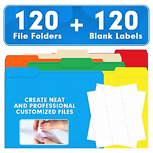 File Folder, HERKKA 120 Pack 1/3 Cut Tab File Folders, Colored File Folders Designed for Office and Classroom Use, Letter Size, Assorted 6 Colors