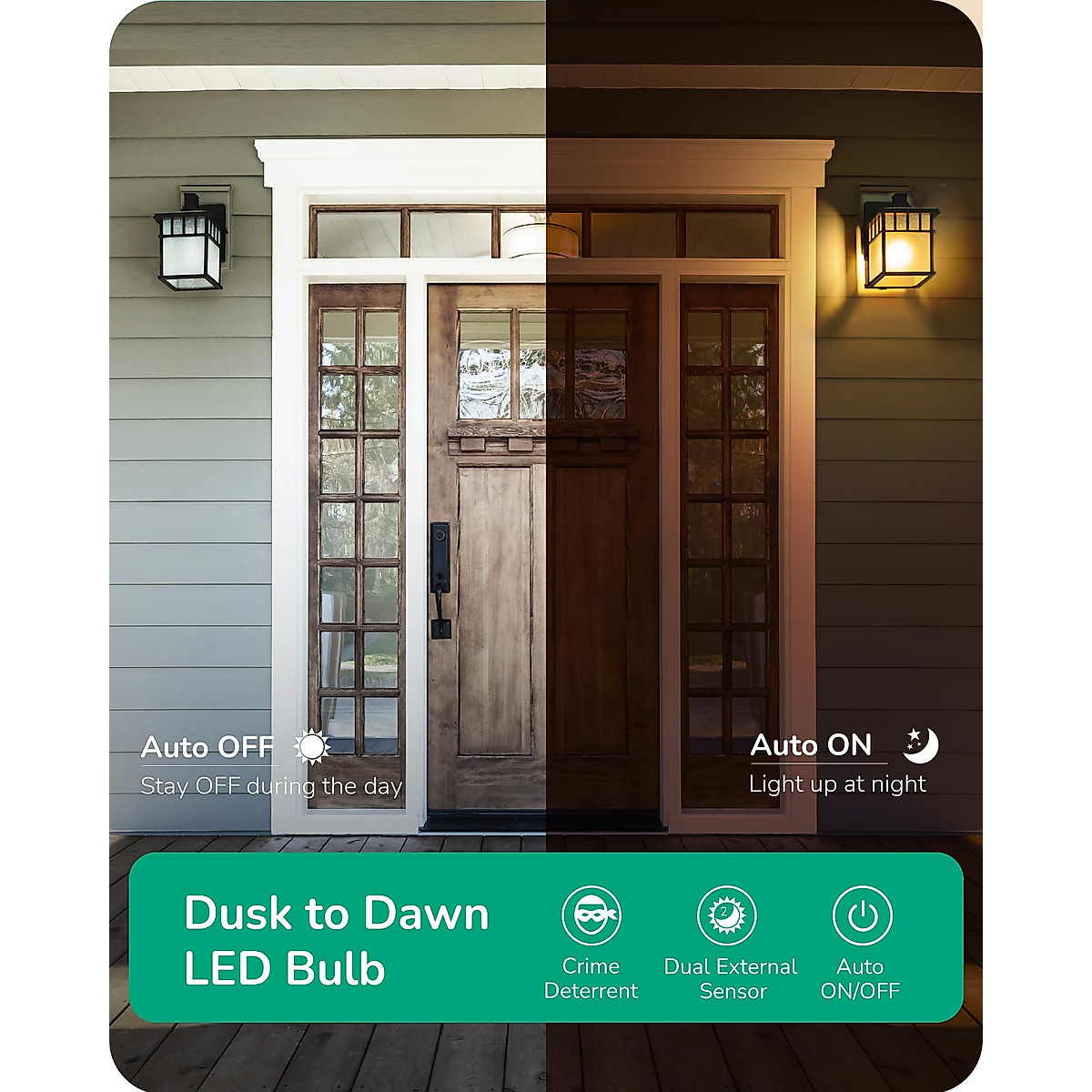 EDISHINE Dusk to Dawn Light Bulbs Outdoor, A19 LED Light Bulb 2700K Warm White, 9W Equivalent 60W, Automatic On/Off, Dual External Sensor, 800LM Bright Light Bulb, E26 Base, 4 Pack, UL Listed