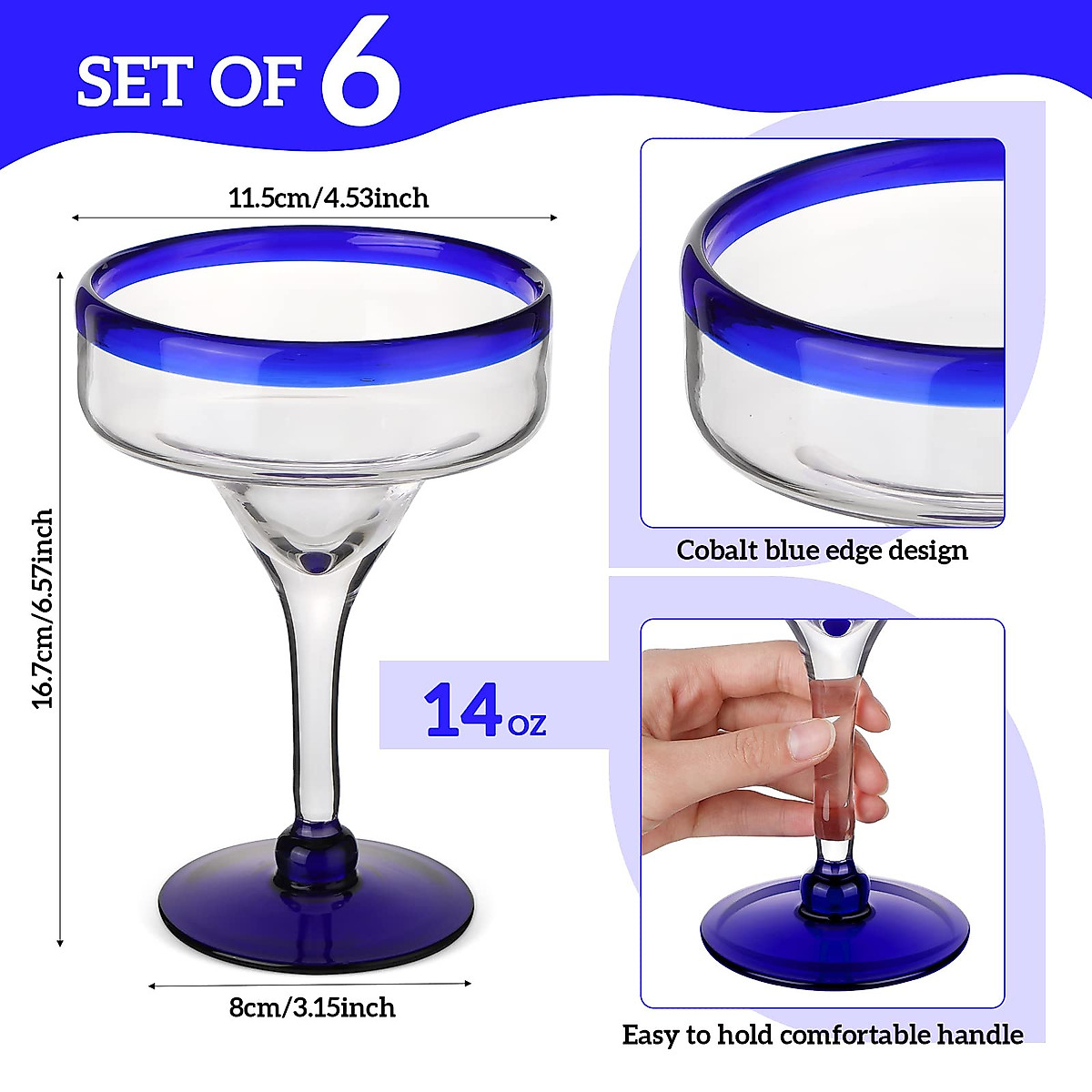 Margarita Glasses Set of 6 Hand Blown Glasses with Cobalt Blue Rim 14 oz Margarita Glasses for Cocktail Champagne Martini Glasses, Dishwasher Safe