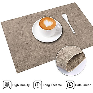 LANDVIEW Leather Heat Resistant Placemats Set of 6 Waterproof Wipeable Washable PU Table Mats,Easy to Clean Anti-Slip Place Mats (Light Brown, 6)