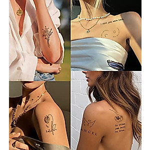 DIVAWOO Realistic Temporary Tattoo - 60 Sheets Tiny Fake Tattoos, 40 Pcs Inspirational Words Tattoo, 20 Pcs Wild Flower Floral Bouquet Stickers for Adult Women Face Body Hand