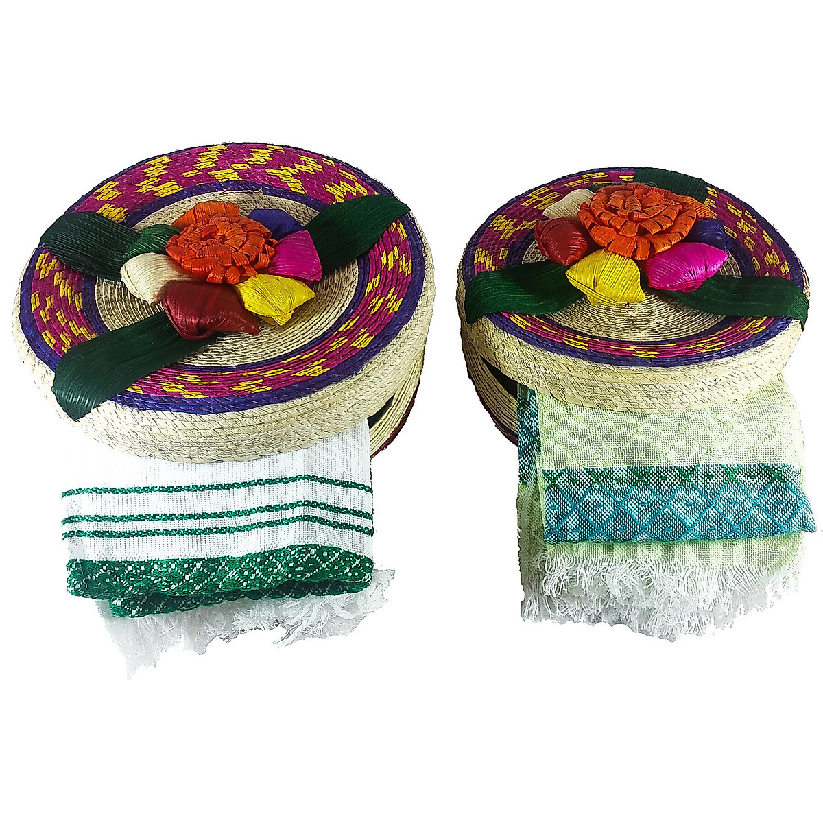Handwoven Basket & Tortilla Cloths by Jacq & Jürgen - 2 Pack Natural Medium and Large Floral Bundle – 100% Palm Mexican Art