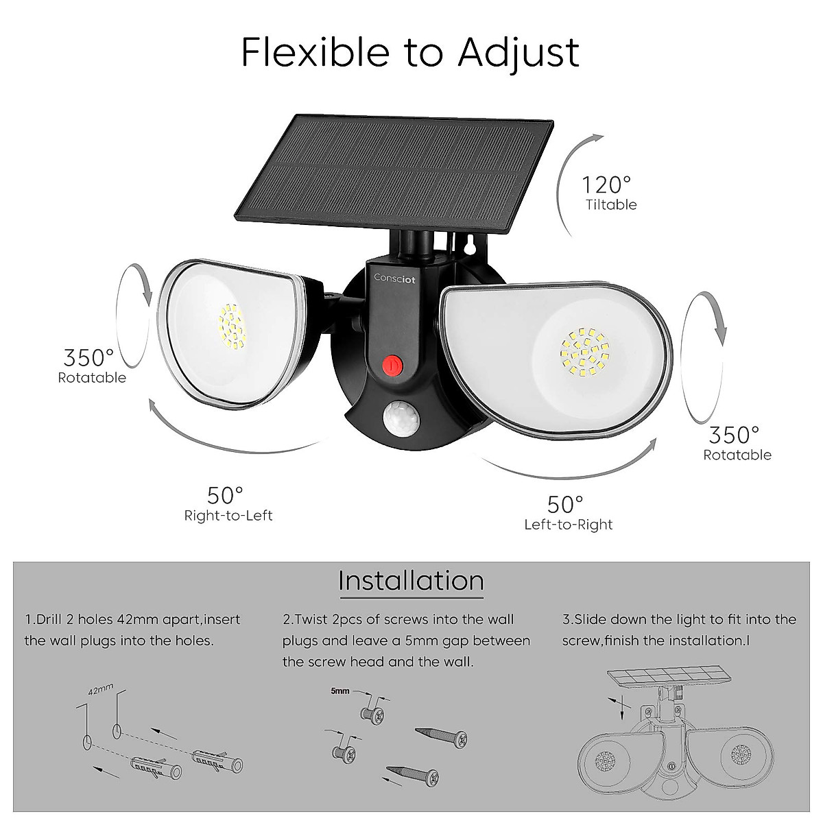 Consciot Solar Lights Outdoor, Ultra Bright Motion Sensor Solar Security Light 1000lm, 40 LED Wall Flood Light with Adjustable Dual Heads, IP67 Waterproof for Garage Patio Garden, Cool White, 2 Pack (OC-WL-001A)