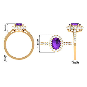 Natural Amethyst 6X8mm Oval Engagement Ring, AAA Quality, Certified Amethyst Moissanite Halo Engagement Ring, 14K Rose Gold, Size:US 7.00