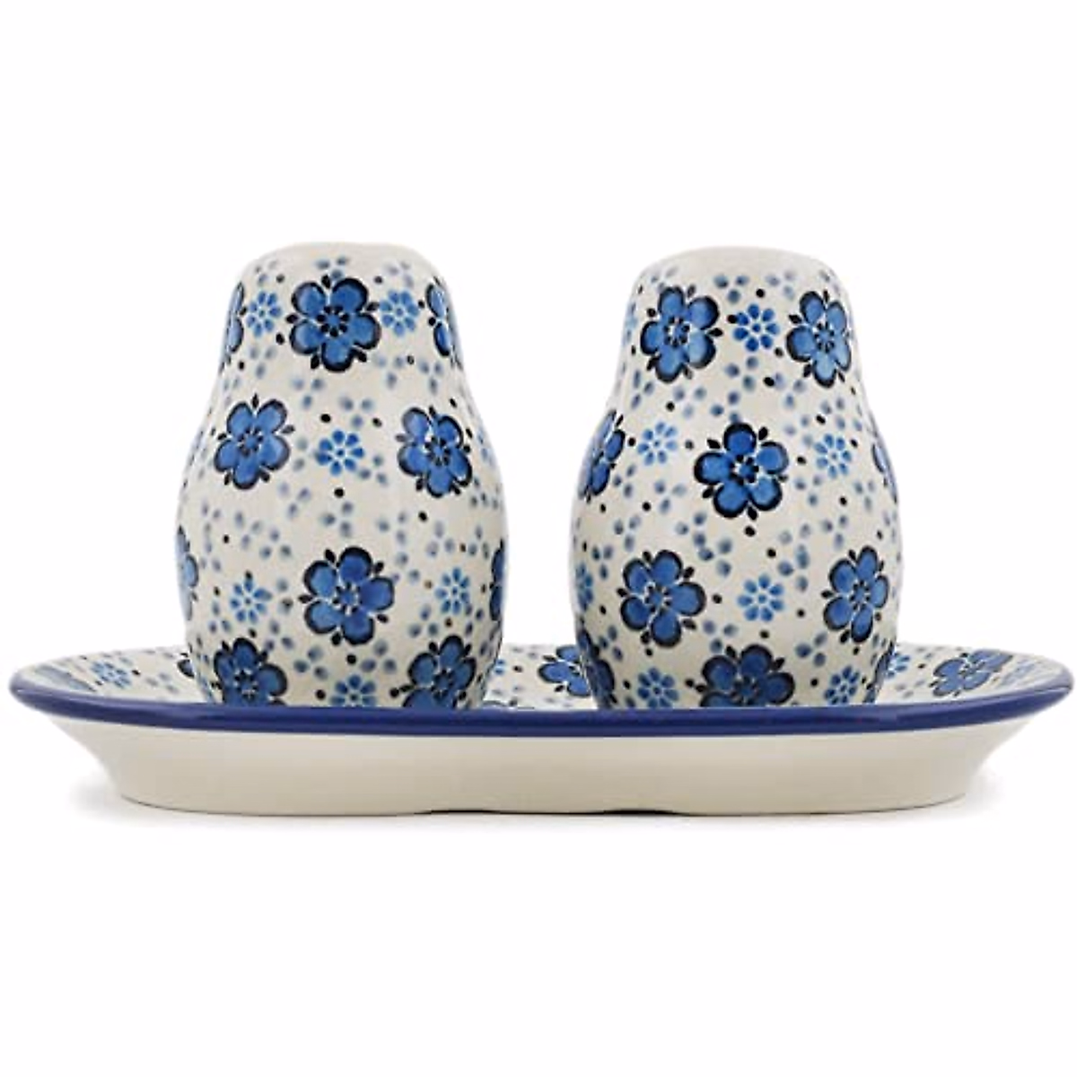 Polish Pottery Salt and Pepper 3-Piece Set made by Ceramika Artystyczna (Flowing Blues Theme) + Certificate of Authenticity