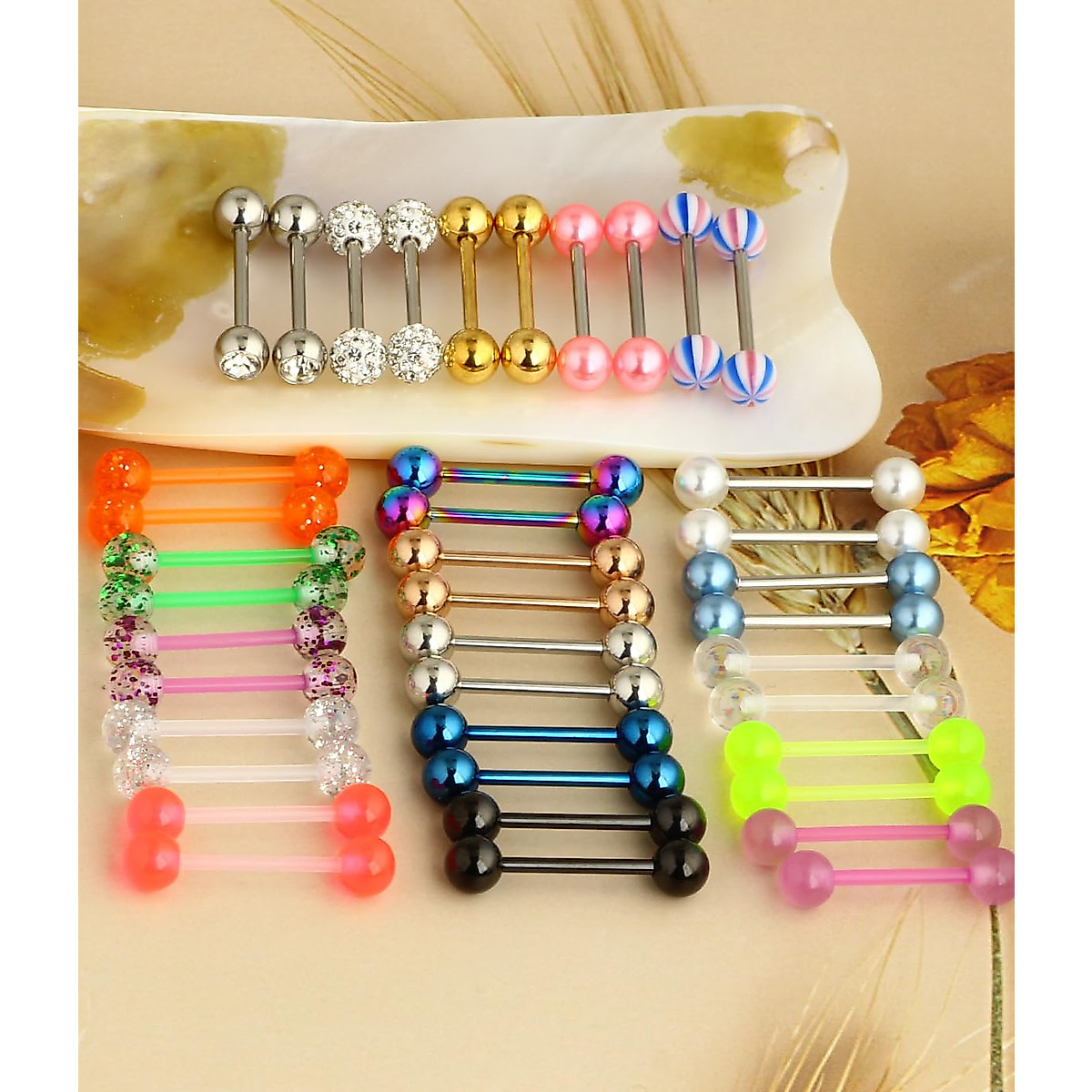 Suotarn 40pcs 14G Tongue rings For Women Stainless Steel Straight Tongue Barbell UV Acrylic Plastic Tongue Piercing Jewelry Nipple Piercings 5/8" Glow in Dark Flexible Retainer Body Jewelry for Men