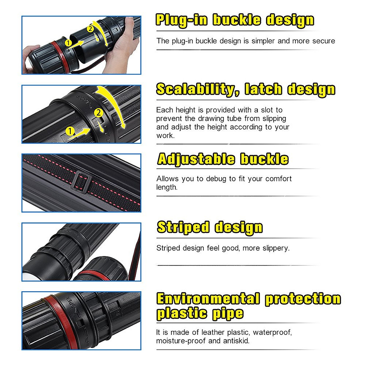 DEWEL Drawing Tube Blueprint Case Telescoping Art Tube Large Plastic Black Storage Tube Expands from 24 to 40 Inches Plastic Waterproof and Light Resistant Poster Tube with Strap