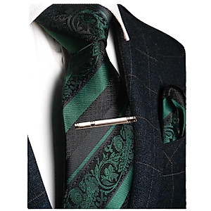 JEMYGINS Dark Green Floral Tie, Silk Necktie and Pocket Square Hankerchef Tie Clip Sets for Men(3)