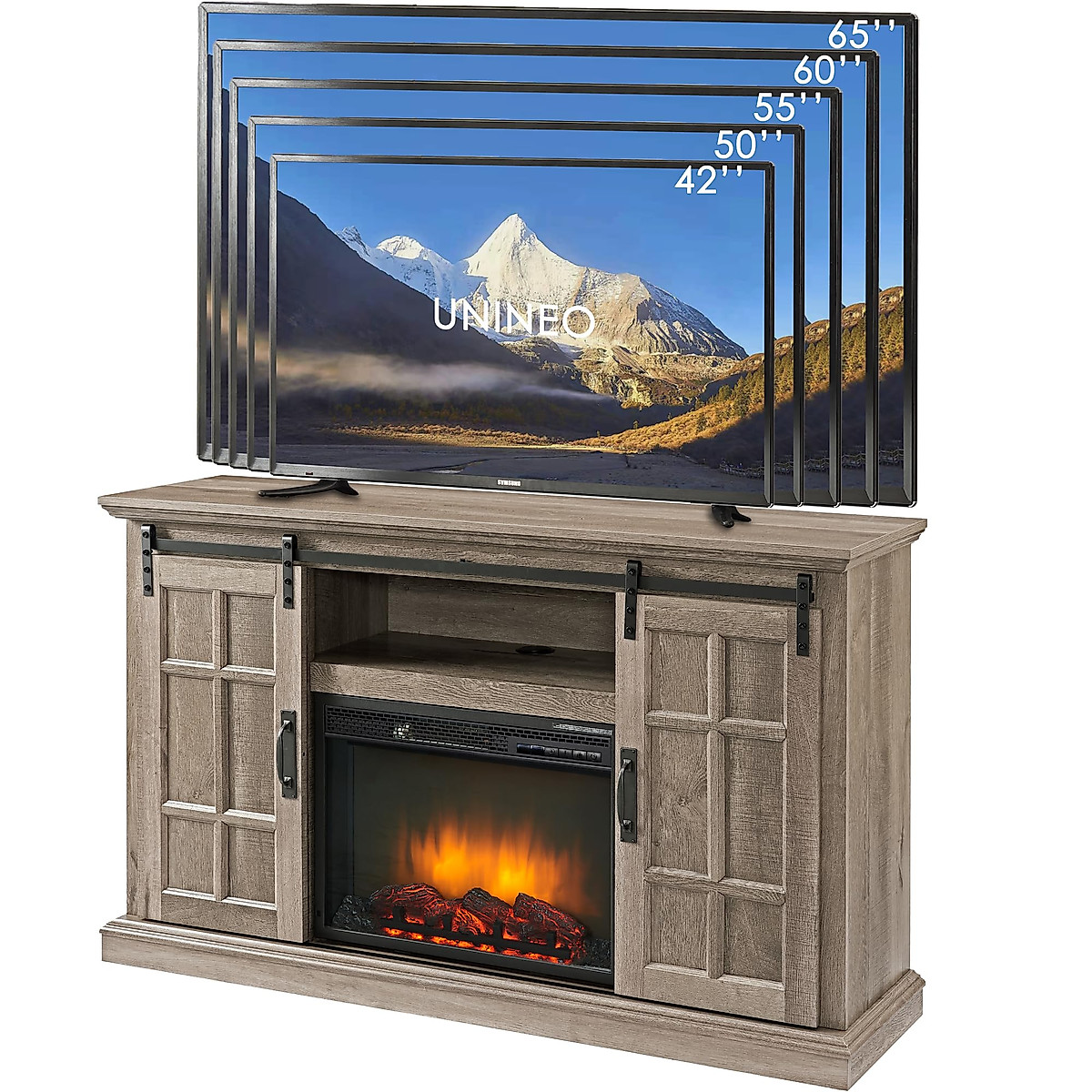 Unineo Farmhouse Fireplace TV Stand up to 65 Inch, Modern Entertainment Center Media Console with 24’’ Fireplace, Sliding Barn Door with Storage Cabinets, Adjustable Flame Effects, Remote Control, Oak