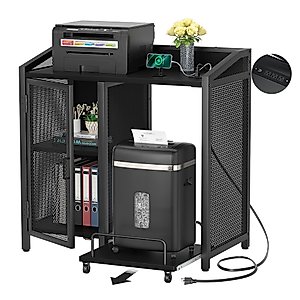 Unikito File Cabinet with Paper Shredder Stand On Wheel, Modern Vertical Filing Cabinet with Socket and USB Charging Port, Large Printer Stand with Adjustable Storage Shelf Rack for Home Office, Black