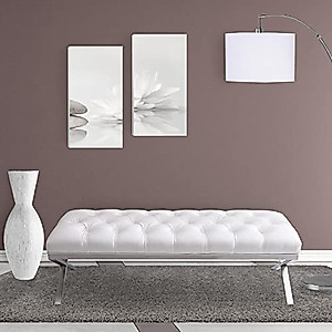 Armen Living Milo Bench in White Faux Leather and Brushed Stainless Steel Finish 60 x 20 x 21