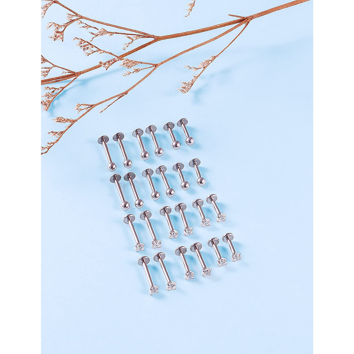 Lcolyoli 24Pcs 16G Labret Jewelry Stainless Steel Medusa Piercing Jewelry Monroe Lip Rings Different Size Tragus Nail Conch Helix Earring Stud Bar Length 6mm 8mm 10mm Silver-tone