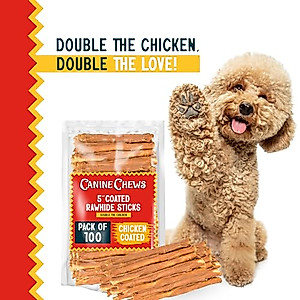 Canine Chews 5" Double Chicken Coated Dog Chew Sticks 100% USA Chicken Coated Chew Sticks for Dogs - Dog Chicken Treats Rawhide Bones for Small Dogs & Medium Dogs - Chicken Wrapped Dog Treats (100pk)