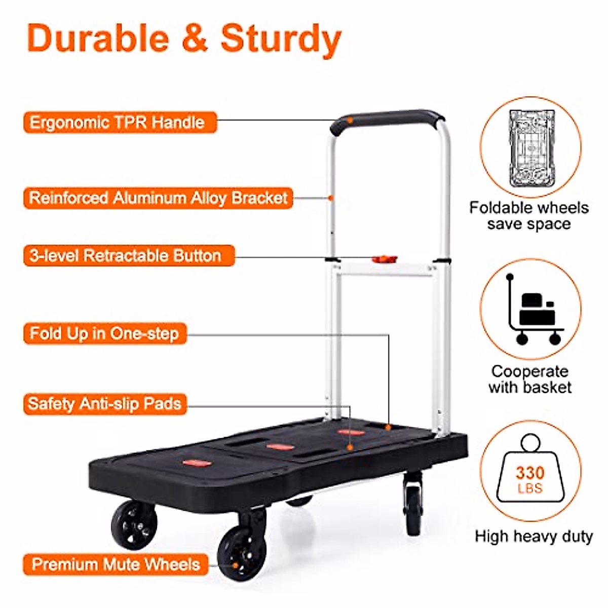 Double Rhombus Folding Hand Truck Platform Truck 330 Lbs Heavy Duty Dolly Cart with Wheels, Fully Folded Push Cart, Portable Trolley Utility Cart for Easy Storage, Garage Moving Shopping Home Office