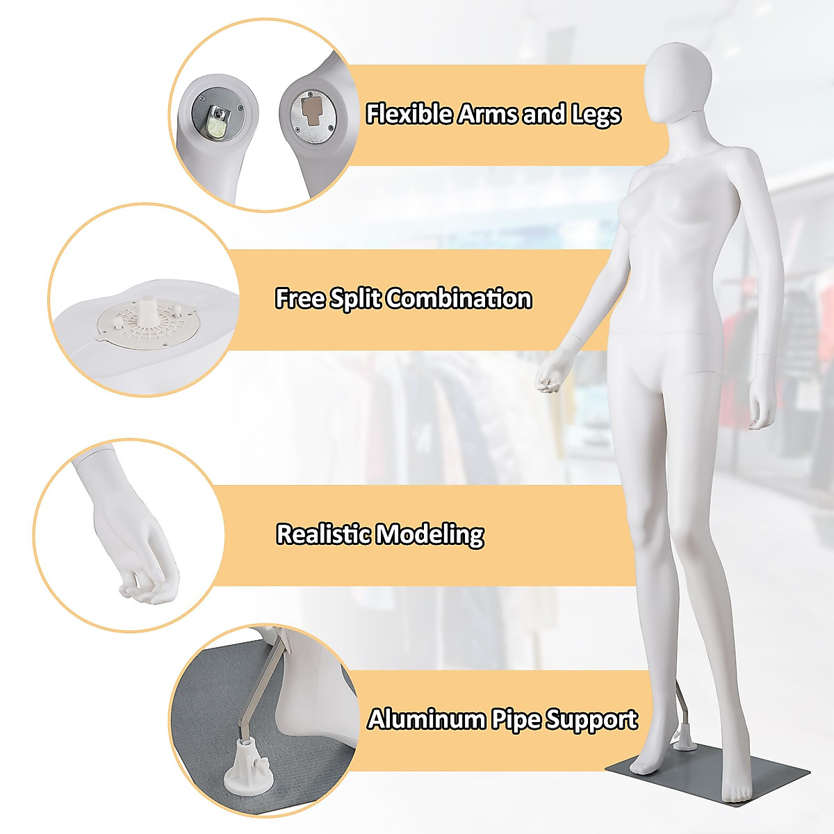 Spurgehom 70" Female Mannequin Torso Dress Form Adjustable Clothing Mannequins with Metal Stand Plastic Realistic Full Body Mannequin Display, White