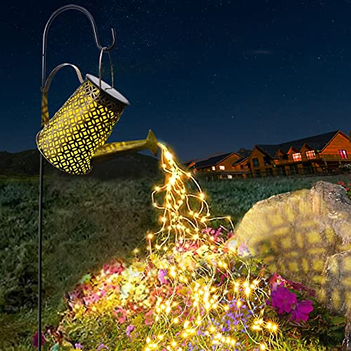 Solar Watering Can with Lights - Solar Lights Outdoor Decorations Large Hanging Solar Garden Lights with Bracket Waterproof Watering Can Landscape Light for Patio Gardening Pathway Gift(Warn White)