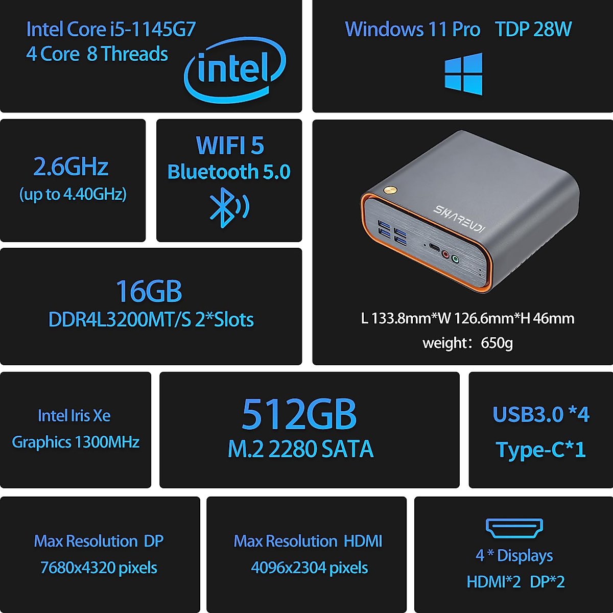 VNOPN Mini PC 11th Core i5-1145G7,Mini Computer 8GB DDR4 512GB M.2 SSD Win 11Pro, Small PC 4 Displays Support 8K/WiFi5/BT4.2/HD/DP/USB3.0 for Home/Office/Gaming