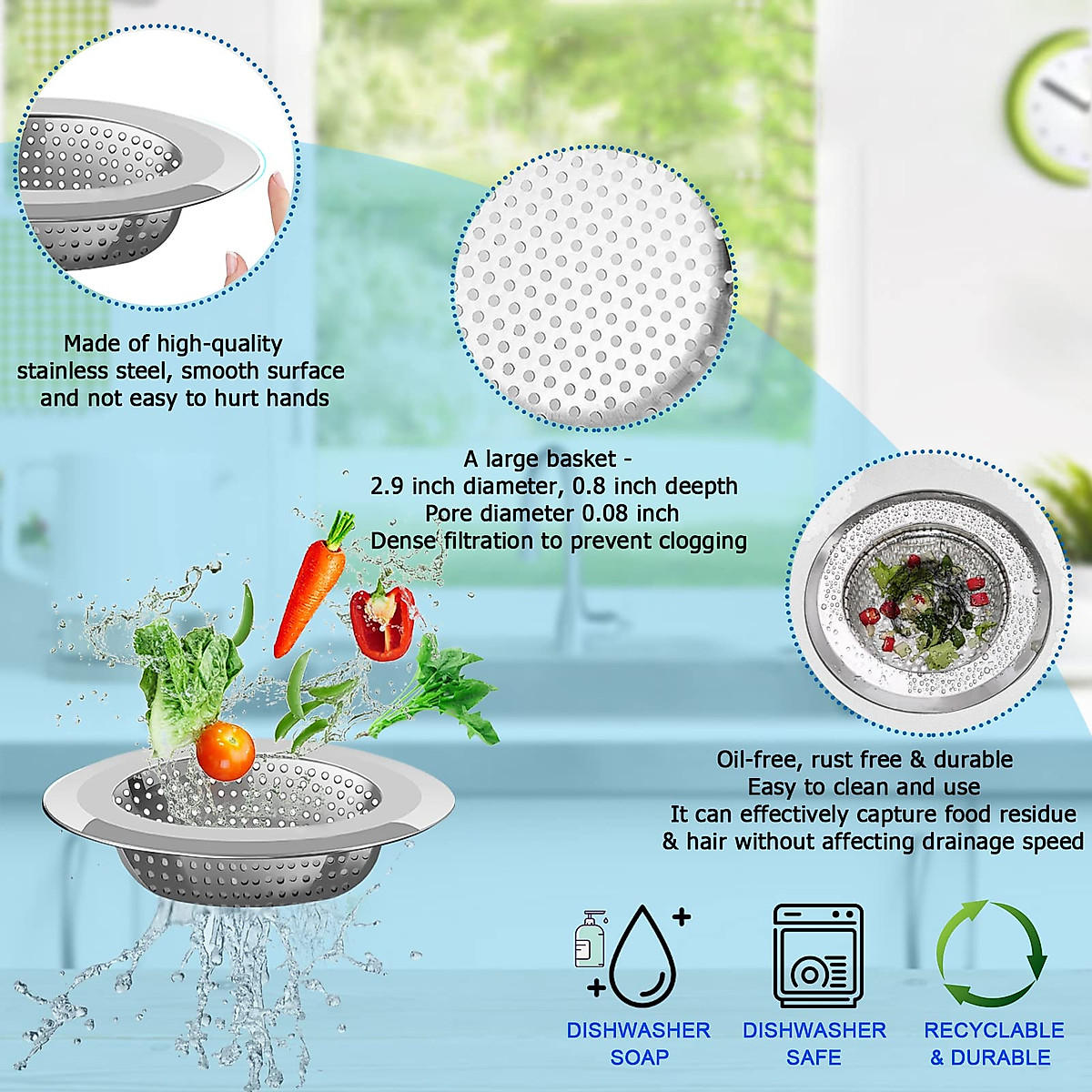 Kitchen Sink Drain Strainer, 4 Pack Stainless Steel and Black Mesh Sink Strainer for Kitchen with Large Wide Rim 4.5" Diameter, Sink Filter Strainer with 3" Basket Sink Food Catcher