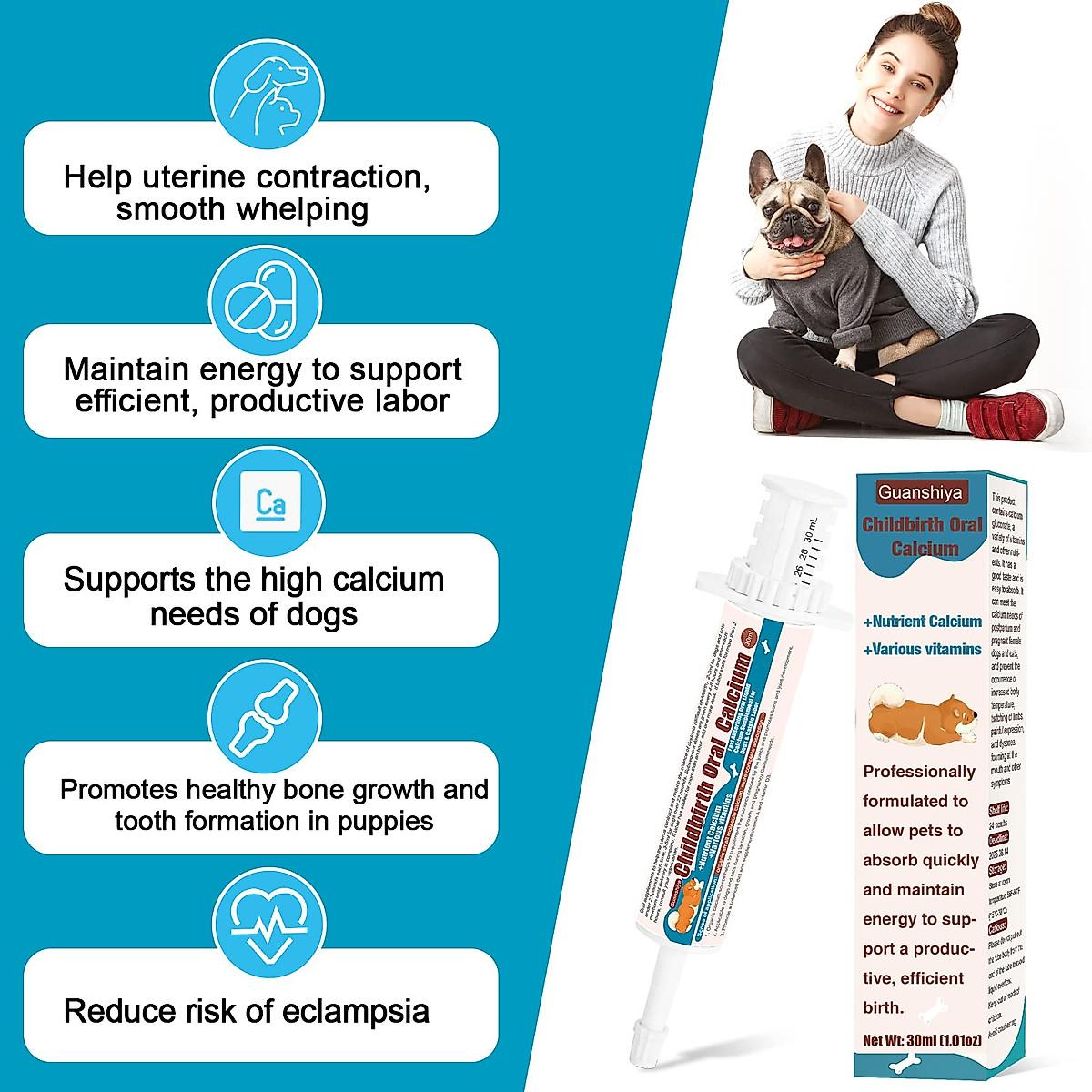 Oral Calcium Supplement for Dogs & Cats in Labor-for Whelping, Nursing, Calcium Deficiency- Fast Absorbing, Keeping Energetic, Supporting Efficient Delivery(30 ml Liquid)