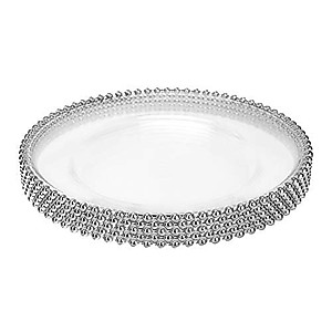USA Party Flower Elegant Clear Acrylic Charger Plate with Bead Rim, Set of 12 (12.5 inch) (Silver)